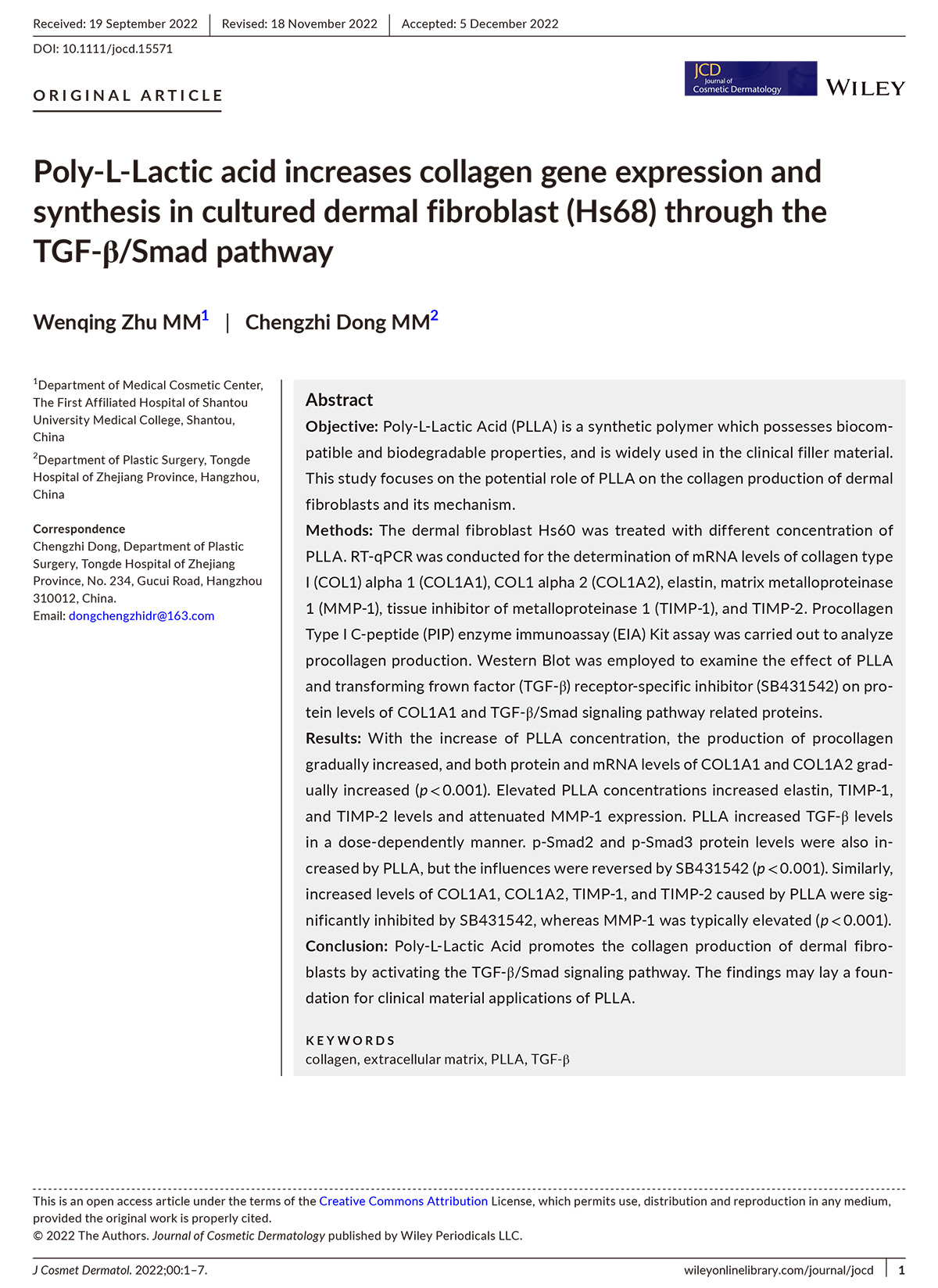 J of Cosmetic Dermatology - 2022 - Zhu - Poly‐L‐Lactic acid increases ...